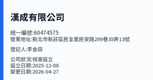 漢成有限公司的照片-統編 60474575(新北市) 公司登記資料與營業項目詳細圖表