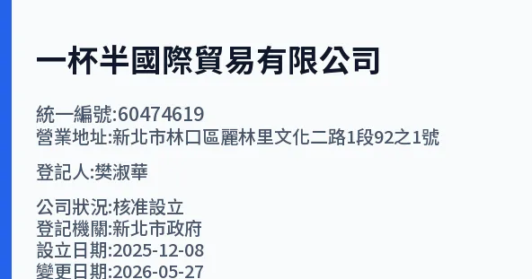 一杯半國際貿易有限公司的照片-統編 60474619(新北市) 公司登記資料與營業項目詳細圖表
