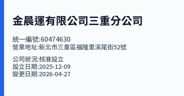 金晨運有限公司三重分公司的照片-統編 60474630(新北市) 公司登記資料與營業項目詳細圖表