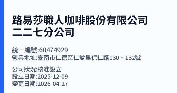 路易莎職人咖啡股份有限公司二二七分公司的照片-統編 60474929(臺南市) 公司登記資料與營業項目詳細圖表