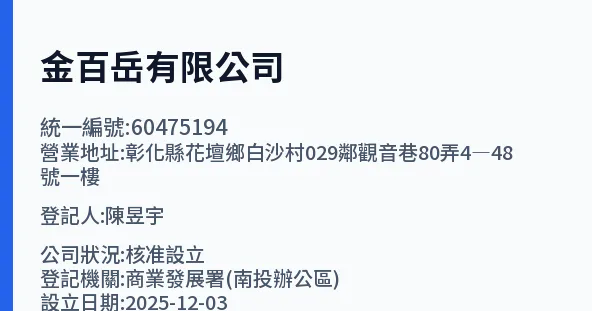 金百岳有限公司的照片-統編 60475194(彰化縣) 公司登記資料與營業項目詳細圖表