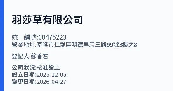 羽莎草有限公司的照片-統編 60475223(基隆市) 公司登記資料與營業項目詳細圖表