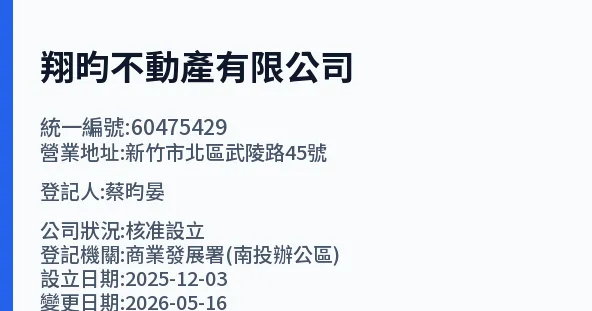翔昀不動產有限公司的照片-統編 60475429(新竹市) 公司登記資料與營業項目詳細圖表