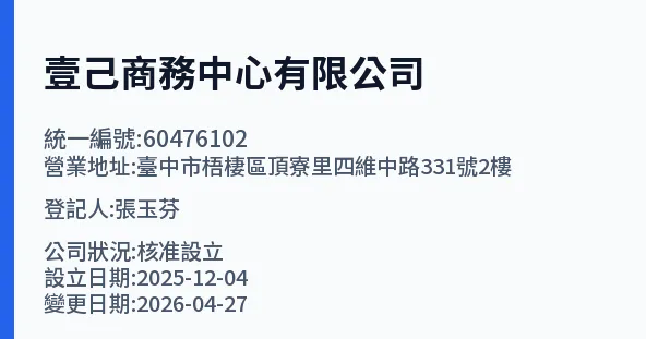 壹己商務中心有限公司的照片-統編 60476102(臺中市) 公司登記資料與營業項目詳細圖表