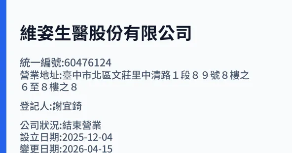 維姿生醫股份有限公司的照片-統編 60476124(臺中市) 公司登記資料與營業項目詳細圖表