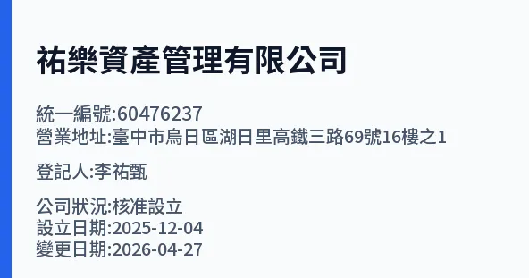 祐樂資產管理有限公司的照片-統編 60476237(臺中市) 公司登記資料與營業項目詳細圖表