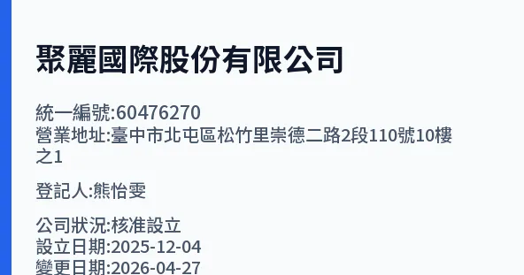 聚麗國際股份有限公司的照片-統編 60476270(臺中市) 公司登記資料與營業項目詳細圖表