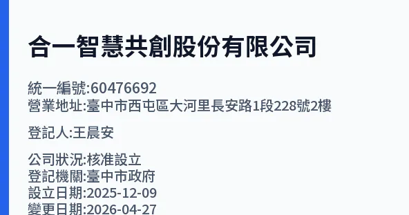 合一智慧共創股份有限公司的照片-統編 60476692(臺中市) 公司登記資料與營業項目詳細圖表