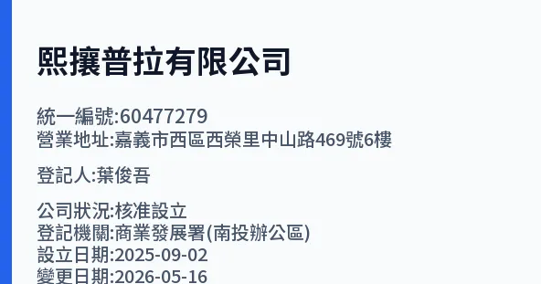 熙攘普拉有限公司的照片-統編 60477279(嘉義市) 公司登記資料與營業項目詳細圖表