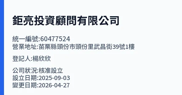 鉅亮投資顧問有限公司的照片-統編 60477524(苗栗縣) 公司登記資料與營業項目詳細圖表