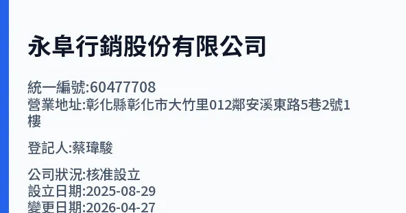 永阜行銷股份有限公司的照片-統編 60477708(彰化縣) 公司登記資料與營業項目詳細圖表
