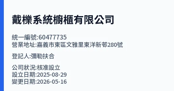 戴櫟系統櫥櫃有限公司的照片-統編 60477735(嘉義市) 公司登記資料與營業項目詳細圖表