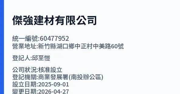 傑強建材有限公司的照片-統編 60477952(新竹縣) 公司登記資料與營業項目詳細圖表