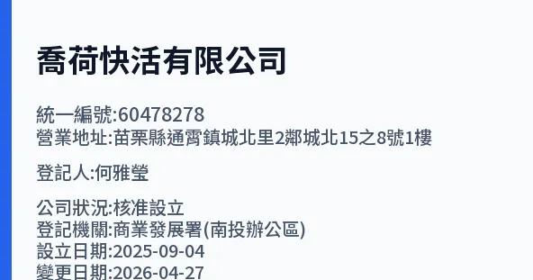 喬荷快活有限公司的照片-統編 60478278(苗栗縣) 公司登記資料與營業項目詳細圖表