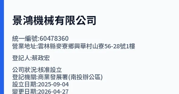 景鴻機械有限公司的照片-統編 60478360(雲林縣) 公司登記資料與營業項目詳細圖表