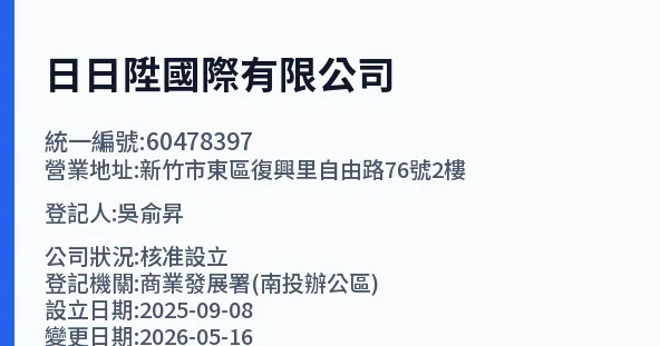 日日陞國際有限公司的照片-統編 60478397(新竹市) 公司登記資料與營業項目詳細圖表