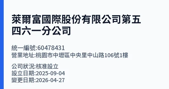 萊爾富國際股份有限公司第五四六一分公司的照片-統編 60478431(桃園市) 公司登記資料與營業項目詳細圖表