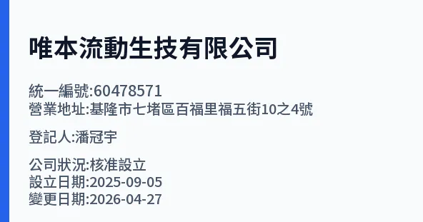 唯本流動生技有限公司的照片-統編 60478571(基隆市) 公司登記資料與營業項目詳細圖表