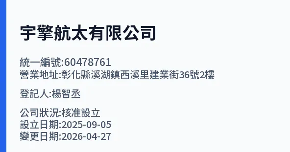 宇擎航太有限公司的照片-統編 60478761(彰化縣) 公司登記資料與營業項目詳細圖表