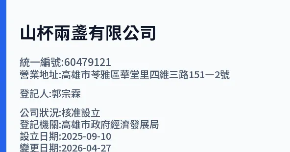山杯兩盞有限公司的照片-統編 60479121(高雄市) 公司登記資料與營業項目詳細圖表
