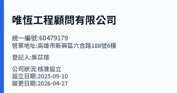 唯恆工程顧問有限公司的照片-統編 60479179(高雄市) 公司登記資料與營業項目詳細圖表