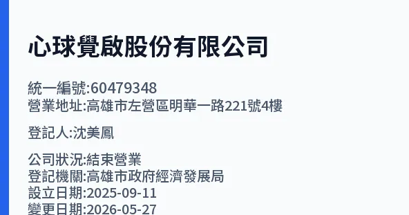 心球覺啟股份有限公司的照片-統編 60479348(高雄市) 公司登記資料與營業項目詳細圖表