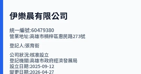 伊樂晨有限公司的照片-統編 60479380(高雄市) 公司登記資料與營業項目詳細圖表