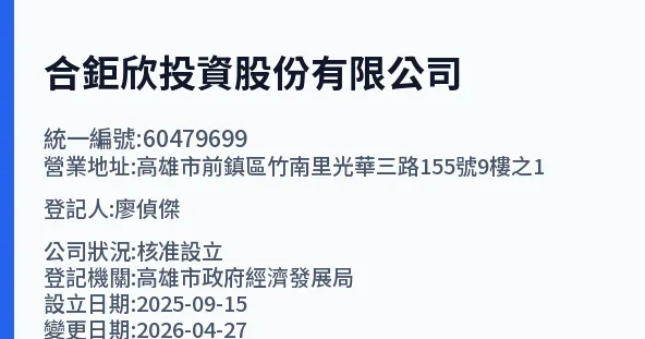 合鉅欣投資股份有限公司的照片-統編 60479699(高雄市) 公司登記資料與營業項目詳細圖表