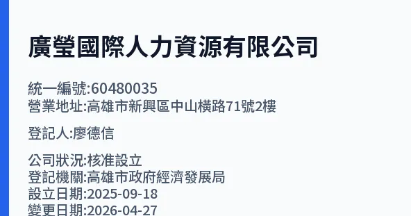 廣瑩國際人力資源有限公司的照片-統編 60480035(高雄市) 公司登記資料與營業項目詳細圖表