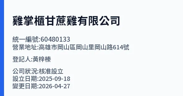 雞掌櫃甘蔗雞有限公司的照片-統編 60480133(高雄市) 公司登記資料與營業項目詳細圖表