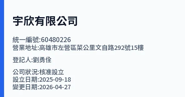 宇欣有限公司的照片-統編 60480226(高雄市) 公司登記資料與營業項目詳細圖表