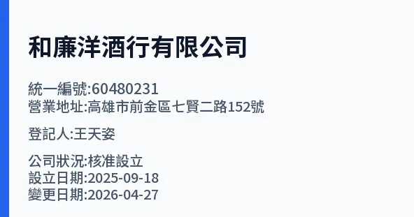 和廉洋酒行有限公司的照片-統編 60480231(高雄市) 公司登記資料與營業項目詳細圖表