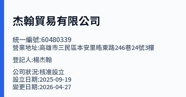 杰翰貿易有限公司的照片-統編 60480339(高雄市) 公司登記資料與營業項目詳細圖表