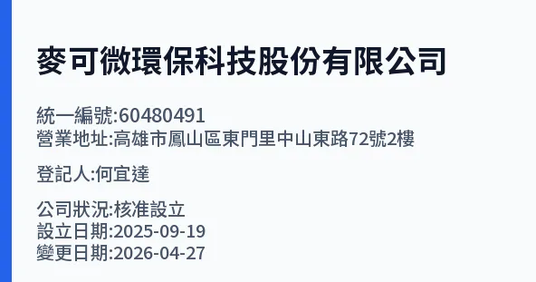 麥可微環保科技股份有限公司的照片-統編 60480491(高雄市) 公司登記資料與營業項目詳細圖表