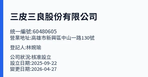 三皮三良股份有限公司的照片-統編 60480605(高雄市) 公司登記資料與營業項目詳細圖表