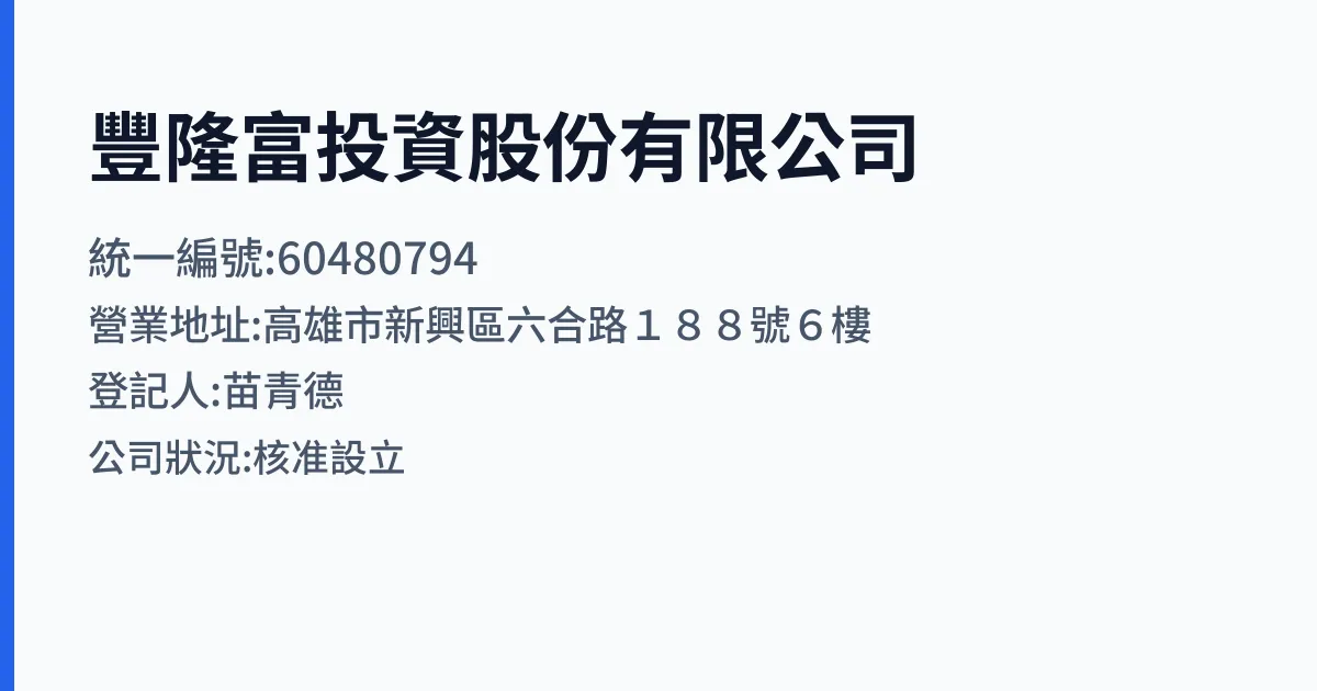 豐隆富投資股份有限公司 - 統編 60480794(高雄市) 公司登記資料與營業項目詳細圖表