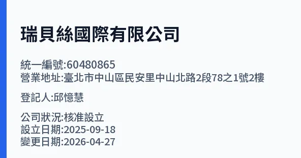 瑞貝絲國際有限公司的照片-統編 60480865(臺北市) 公司登記資料與營業項目詳細圖表
