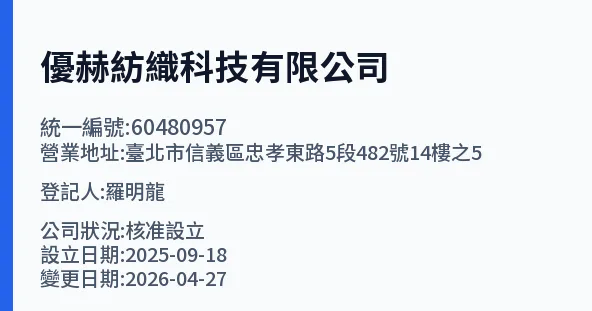 優赫紡織科技有限公司的照片-統編 60480957(臺北市) 公司登記資料與營業項目詳細圖表