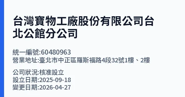 台灣寶物工廠股份有限公司台北公館分公司的照片-統編 60480963(臺北市) 公司登記資料與營業項目詳細圖表