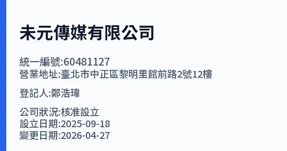 未元傳媒有限公司的照片-統編 60481127(臺北市) 公司登記資料與營業項目詳細圖表