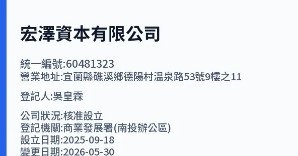 宏澤資本有限公司的照片-統編 60481323(宜蘭縣) 公司登記資料與營業項目詳細圖表