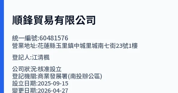 順鋒貿易有限公司的照片-統編 60481576(花蓮縣) 公司登記資料與營業項目詳細圖表