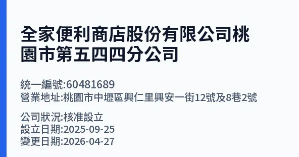 全家便利商店股份有限公司桃園市第五四四分公司的照片-統編 60481689(桃園市) 公司登記資料與營業項目詳細圖表