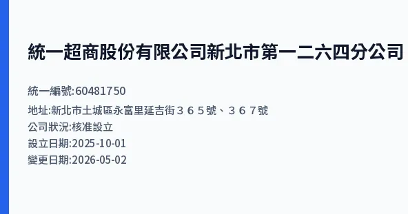 統一超商股份有限公司新北市第一二六四分公司的照片-統編 60481750(新北市) 公司登記資料與營業項目詳細圖表