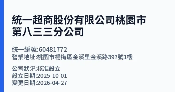 統一超商股份有限公司桃園市第八三三分公司的照片-統編 60481772(桃園市) 公司登記資料與營業項目詳細圖表