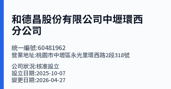 和德昌股份有限公司中壢環西分公司的照片-統編 60481962(桃園市) 公司登記資料與營業項目詳細圖表