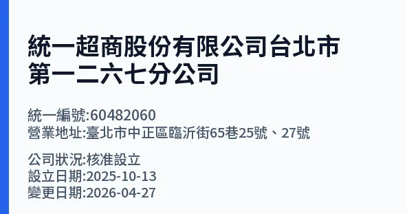統一超商股份有限公司台北市第一二六七分公司的照片-統編 60482060(臺北市) 公司登記資料與營業項目詳細圖表
