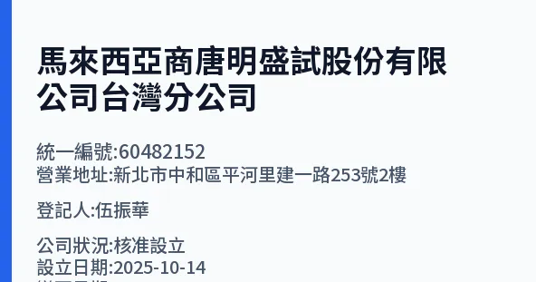 馬來西亞商唐明盛試股份有限公司台灣分公司的照片-統編 60482152(新北市) 公司登記資料與營業項目詳細圖表