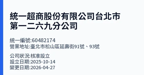統一超商股份有限公司台北市第一二六九分公司的照片-統編 60482174(臺北市) 公司登記資料與營業項目詳細圖表