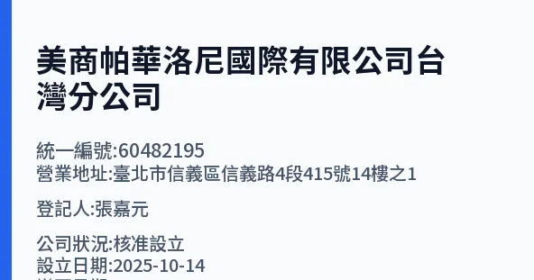 美商帕華洛尼國際有限公司台灣分公司的照片-統編 60482195(臺北市) 公司登記資料與營業項目詳細圖表